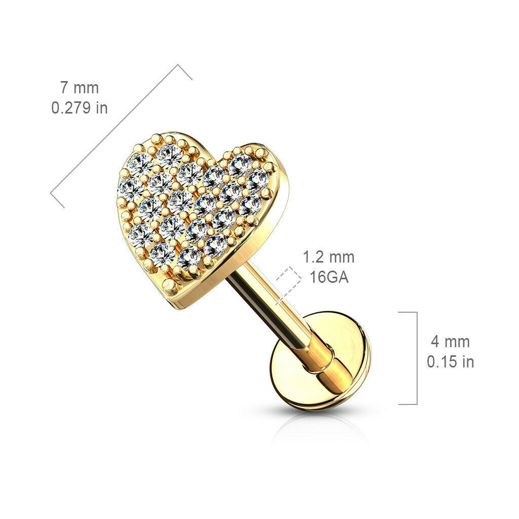 CZ Paved Heart Top Internally Threaded Flat Back Labret Surgical Steel 16ga
