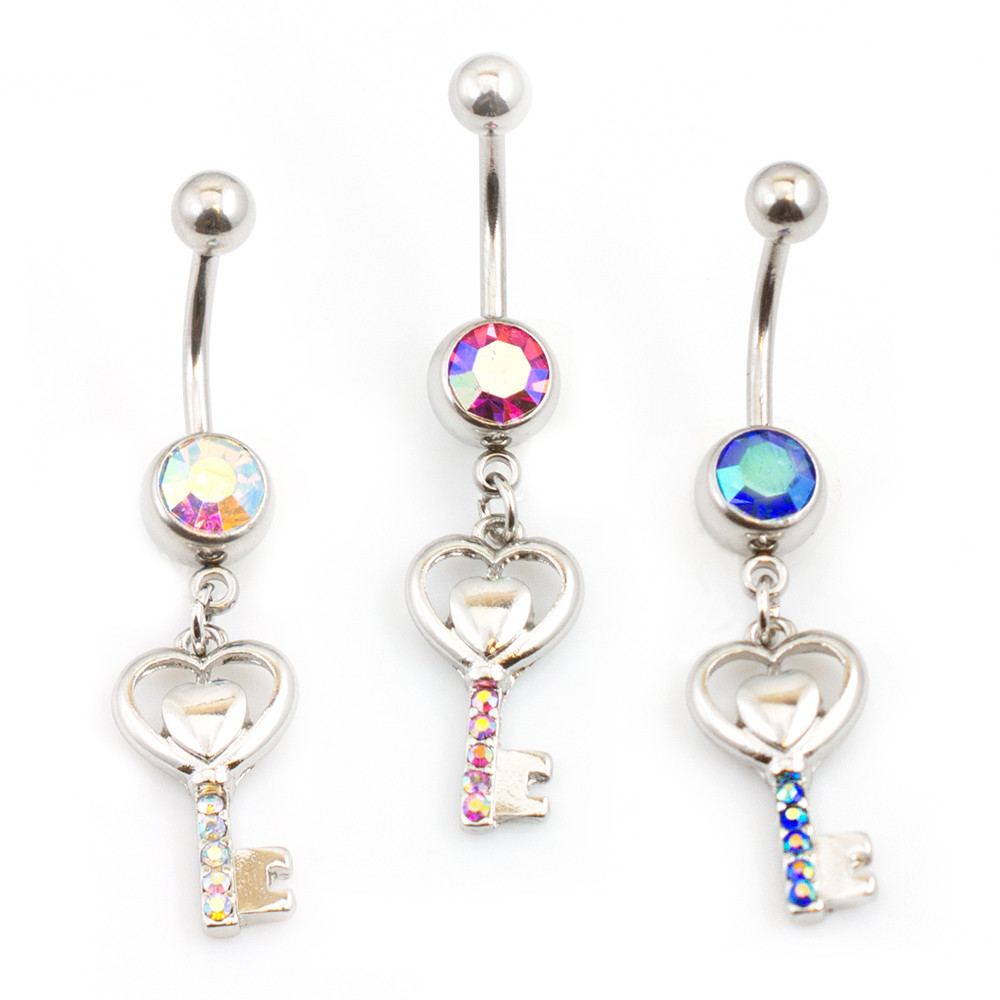 Belly Chain Button PINK OUTLINE Heart Gem Drop Belly Ring 6 Gem Hearts