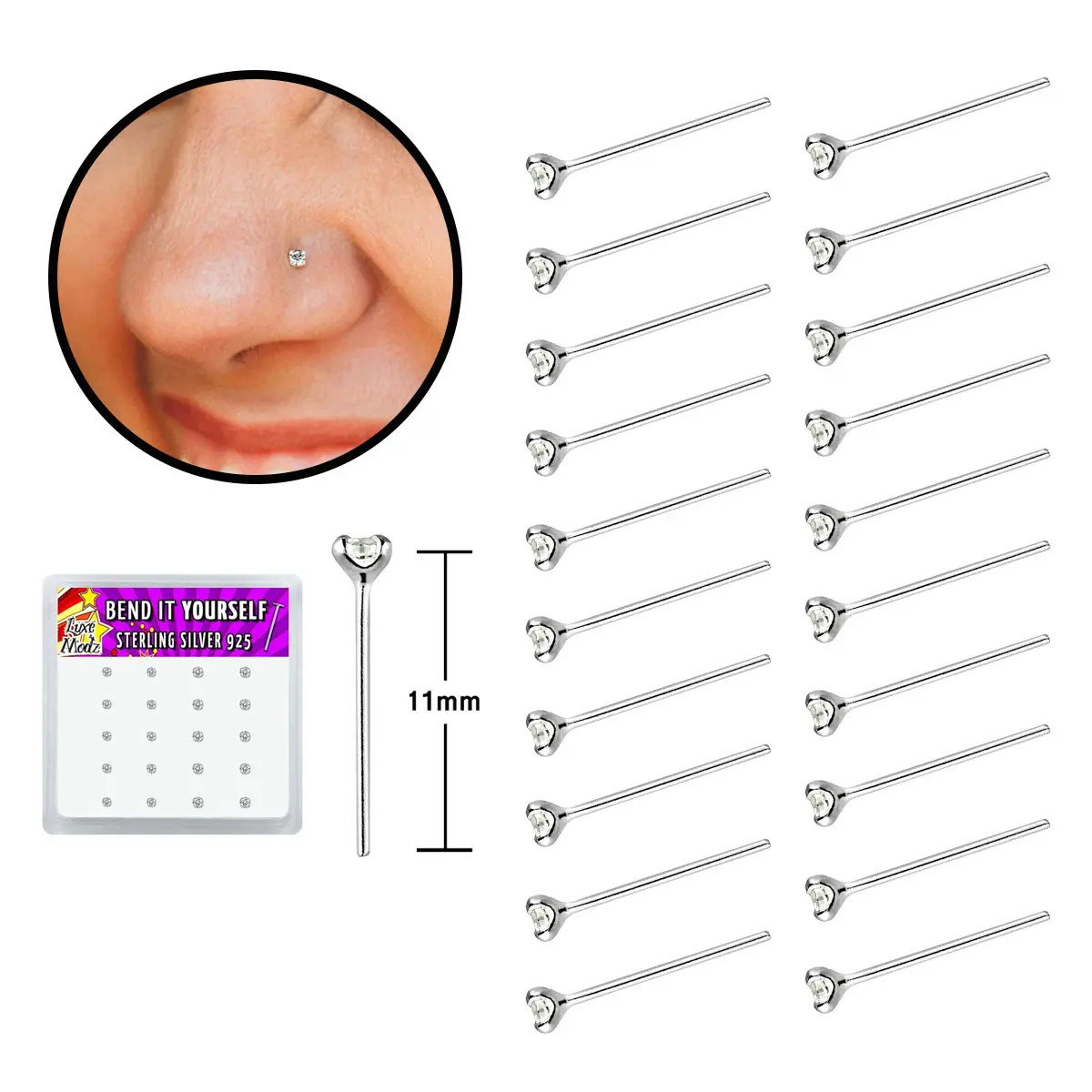 22G Pack of 20pcs Crystal CZ Bendable Bone Nose Stud Ring