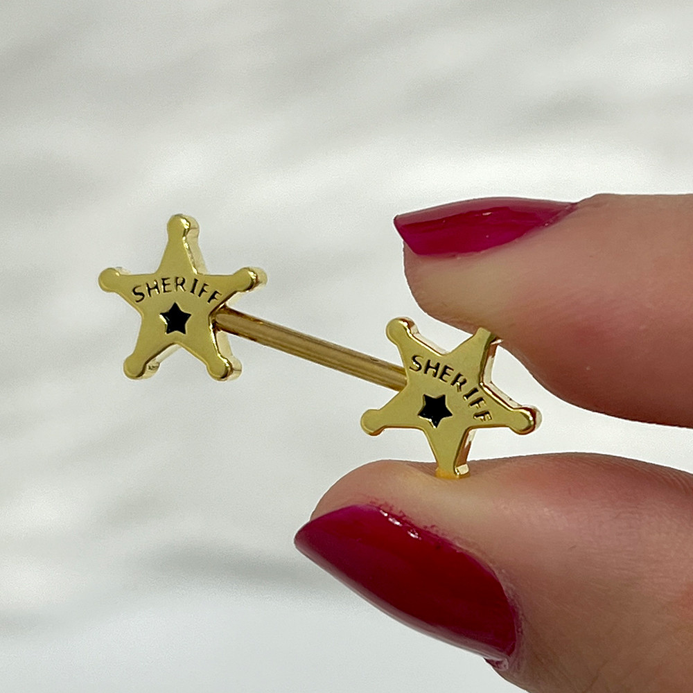 Sheriff Badge Star Nipple Barbell Rings 14G 14mm