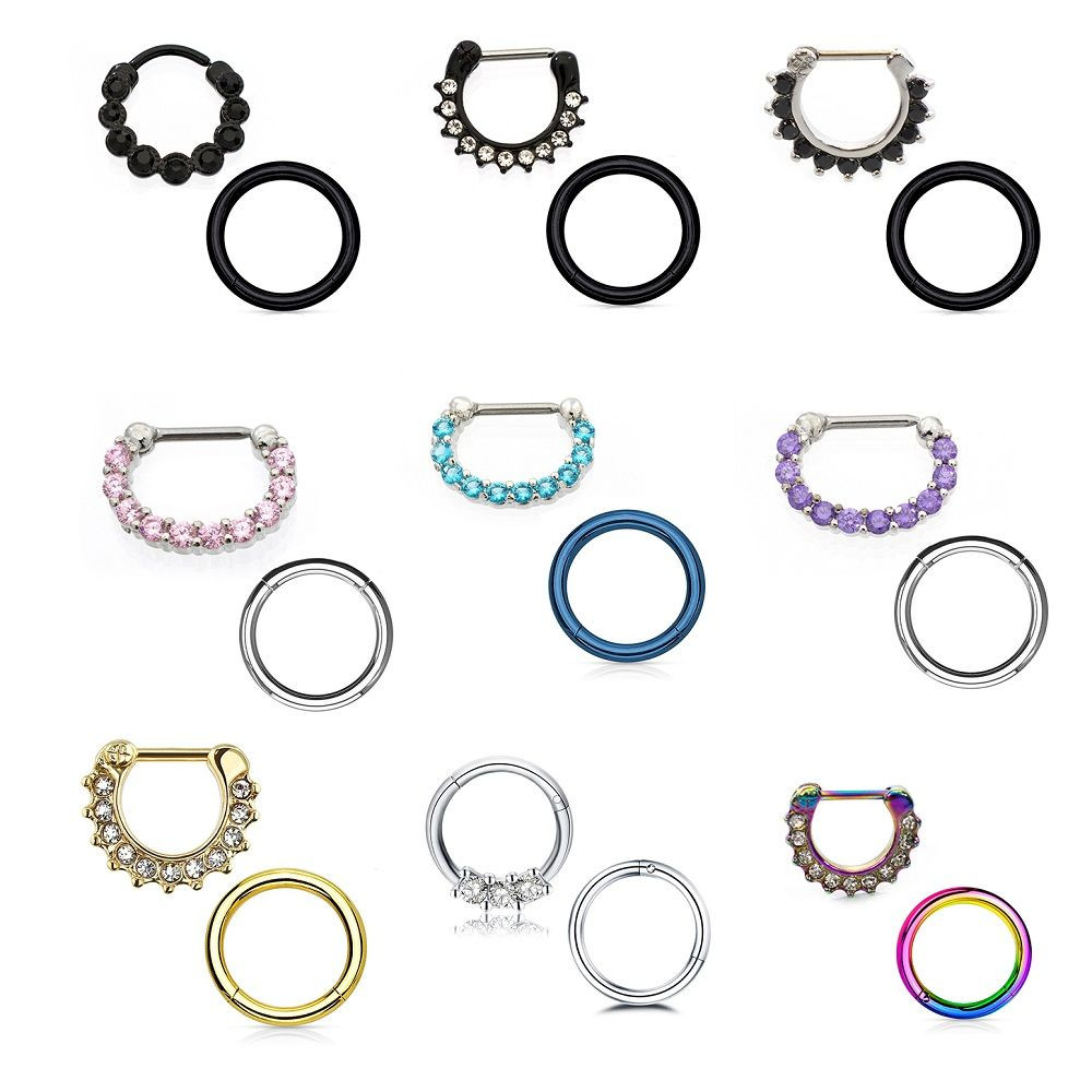 cz jeweled septum clicker nose ring 14G and 16G - BodyJewelry.com