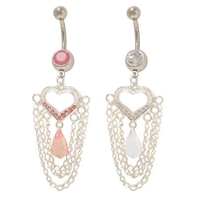 Dangling Heart and Chains Belly Ring with Jewels Body Jewelry