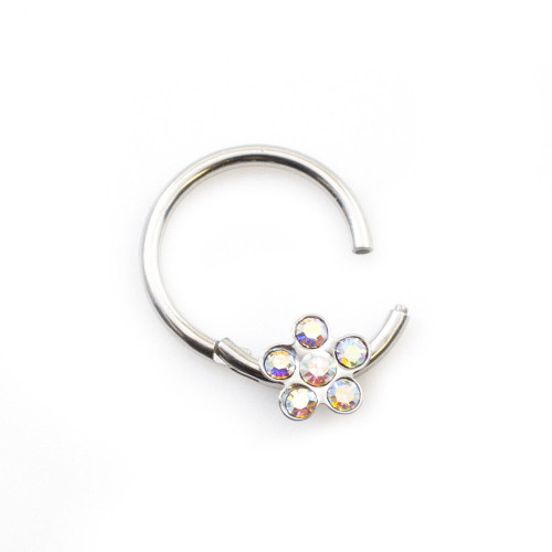 Flower Design CZ Hinged Segment Hoop Ring 16ga