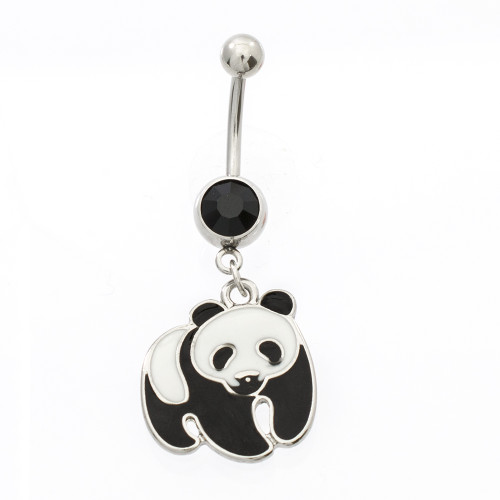 Pack of 2 Belly Button Rings- Panda Design Dangle & Double Black CZ 14ga