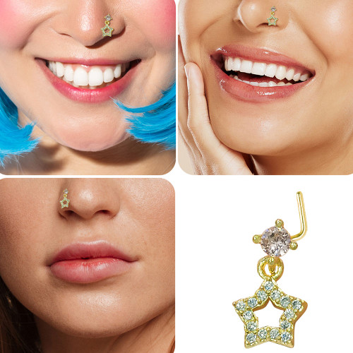 PVD Gold Dangle Star CZ Crystal Top L Shaped Nose Stud 20G