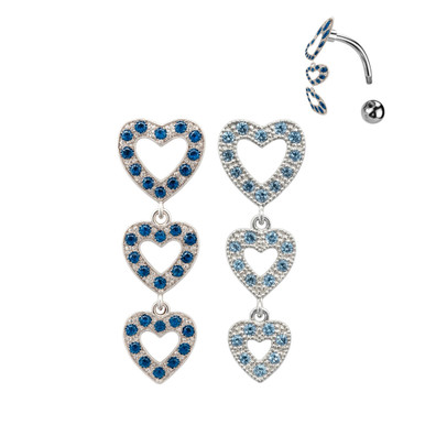 Paved CZ Triple Heart Dangling Reverse Belly Button Rings 14G 10mm