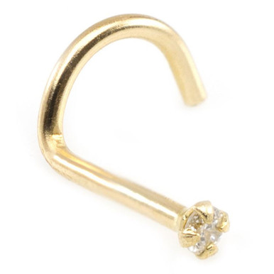 14K Gold 2.5mm PK2 Real Diamond Corkscrew Nose Stud Ring 18G