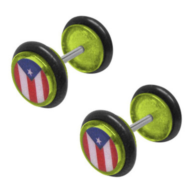 Puerto Rico Flag Green Acrylic Fake Gauges Earrings Ear Plugs 16G 6mm