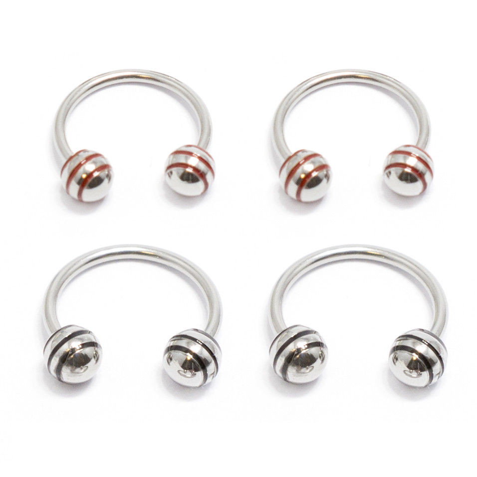 Horseshoe Ring Circular Barbell 4 Pack 18G Red Black Striped Balls