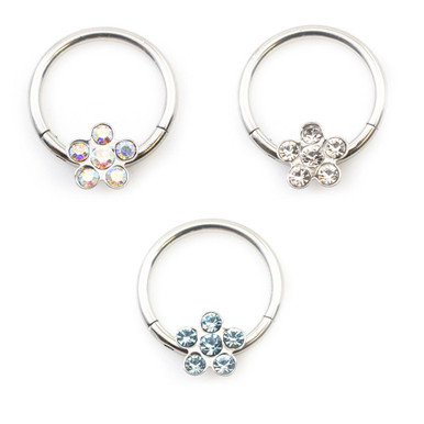 Flower Design CZ Hinged Segment Hoop Ring 16ga