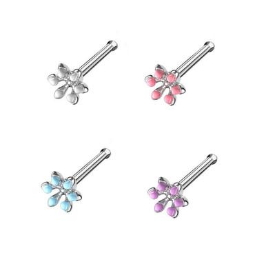 Nose Bone Stud Ring with Enamel Flower Top Surgical Steel 20ga- Sold Each