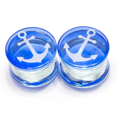 Saddle Fit Anchor Blue Pyrex Glass Plugs Ear Gauges