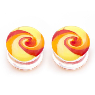 Double Flare Yellow Orange Swirl Pyrex Glass Plugs Ear Gauges