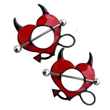 Red Devil Heart Horns Tail Nipple Shield Ring 14G 12mm