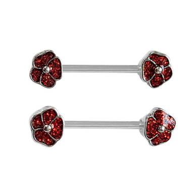 Glitter Red CZ Poppy Flower Nipple Barbell 14G 15mm