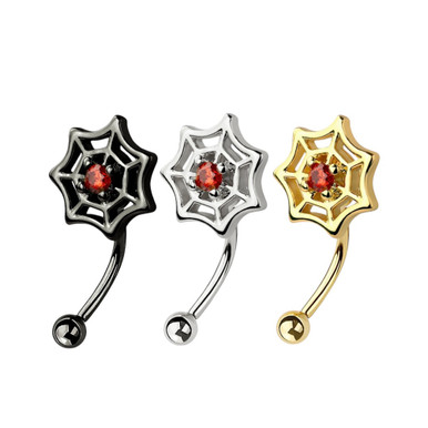 Red CZ Spider Web Curved Barbell Eyebrow Rings 16G 8mm