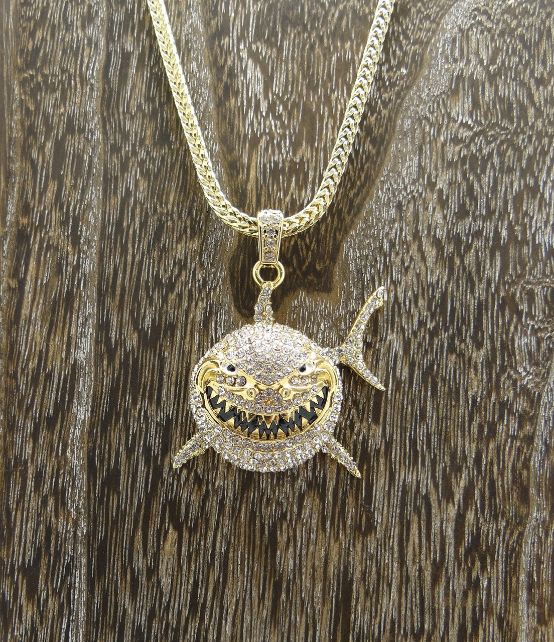 6IX9INE Gold Shark Iced Out Pendant & 4mm Chain 2"x 1.75"