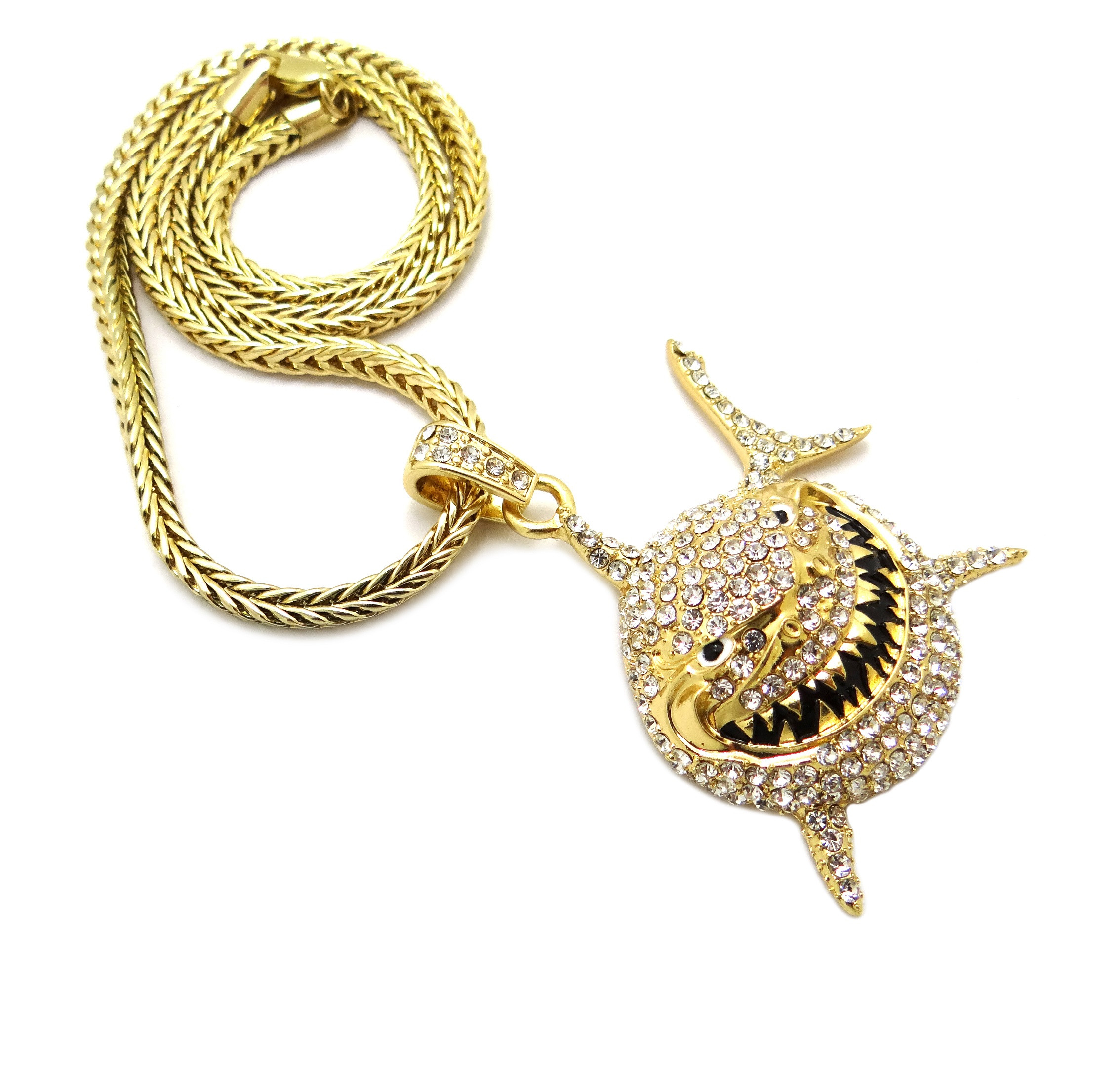 6IX9INE Gold Shark Iced Out Pendant & 4mm Chain 2"x 1.75"