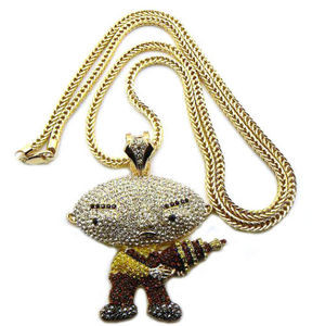 "ICED OUT STEWIE PENDANT & FRANCO CHAIN W/GUN & 36" Chain - The Black Bat