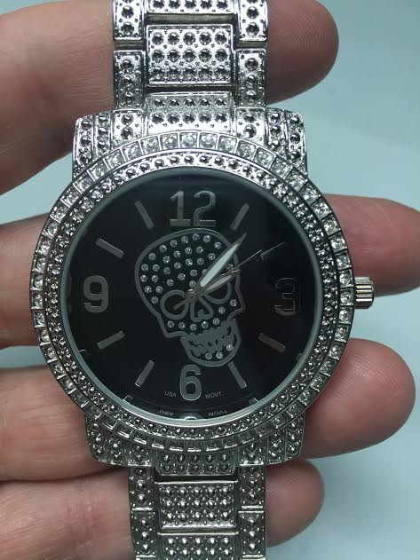 Iced out Skull Black Face Band Mens Watch - The Black Bat