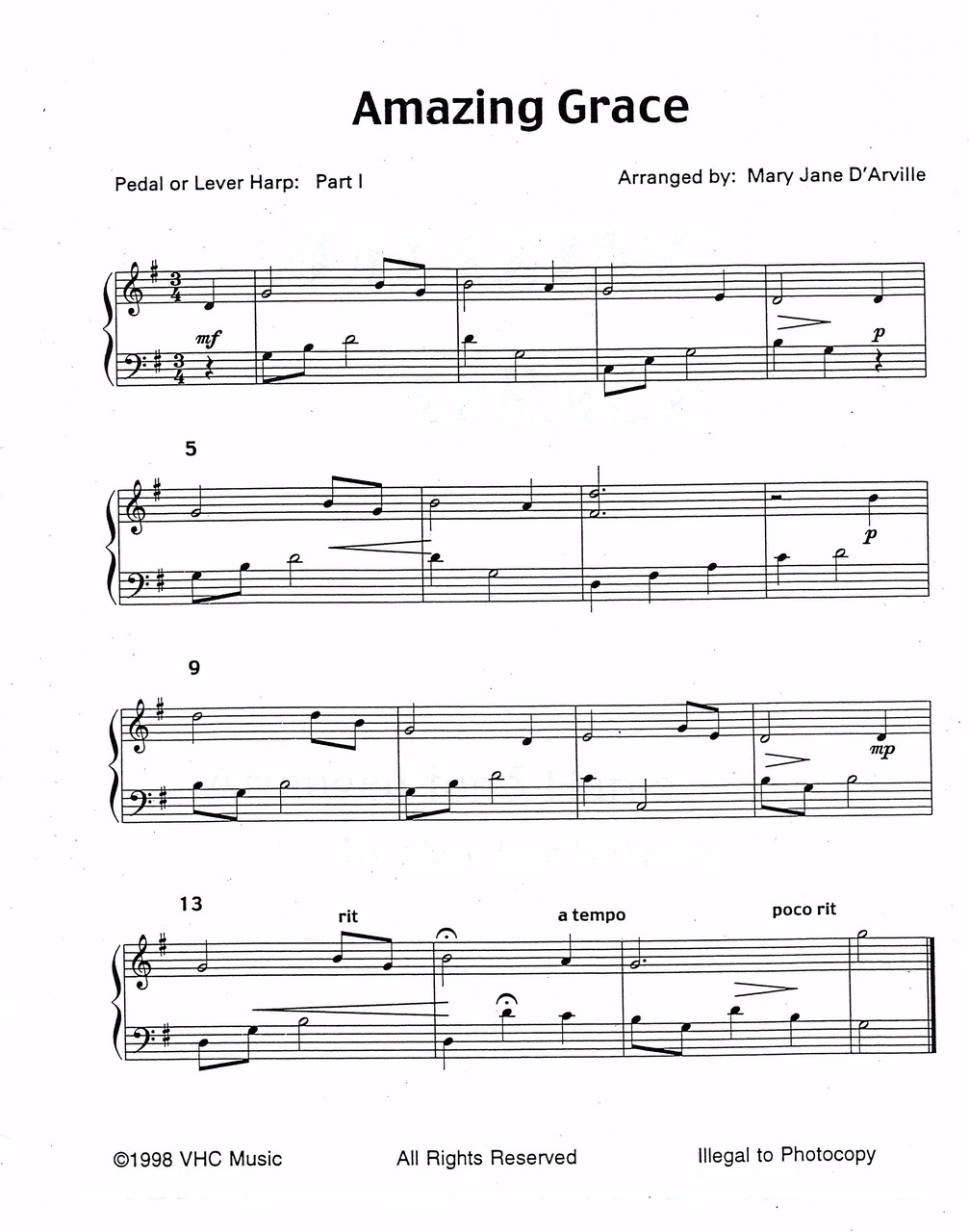 Amazing Grace (for 5 harps) by Mary Jane D'Arville - Harp District