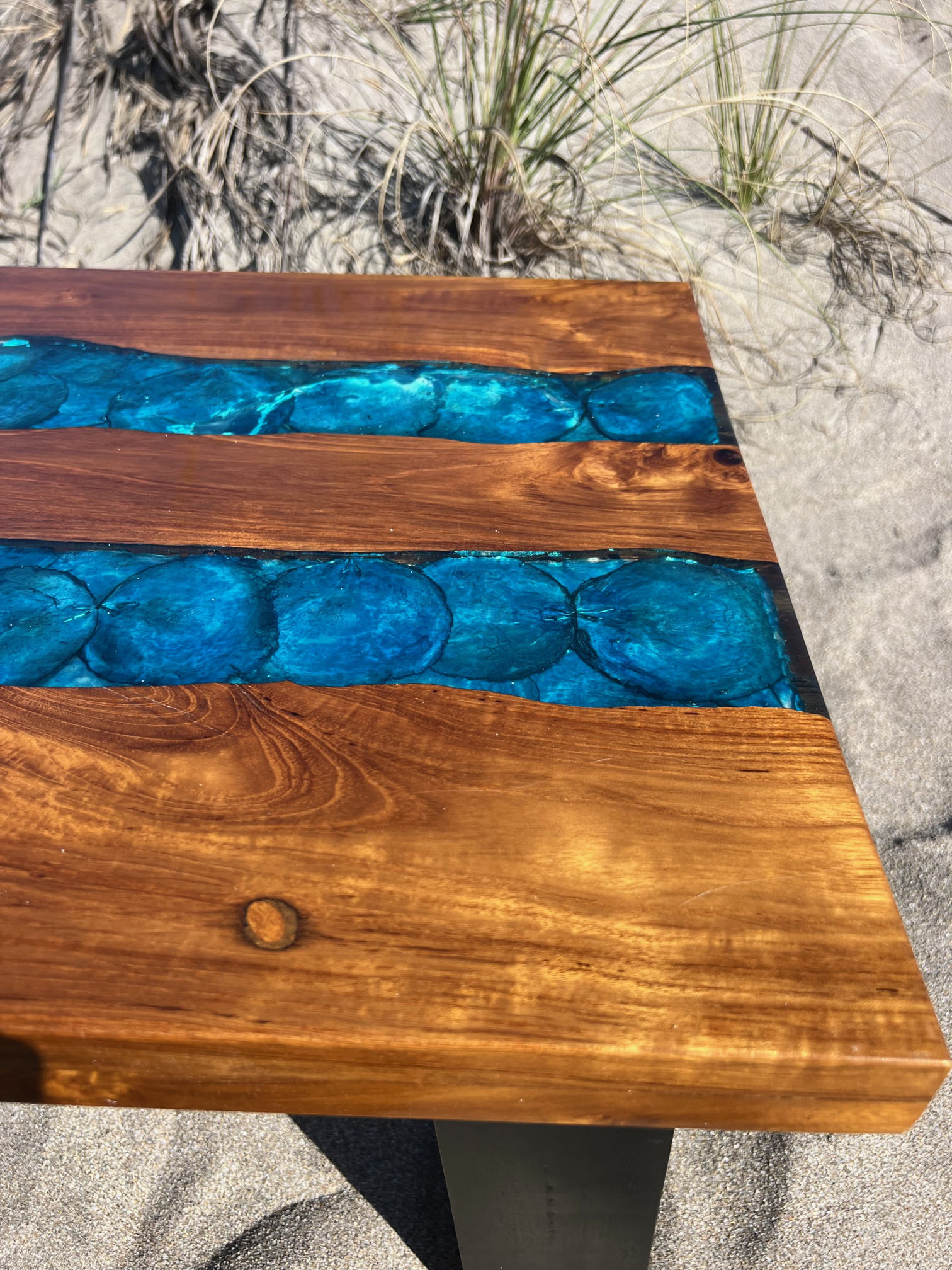Coffee Table Teak Wood and Blue Shell in Resin CTF-01-BSR