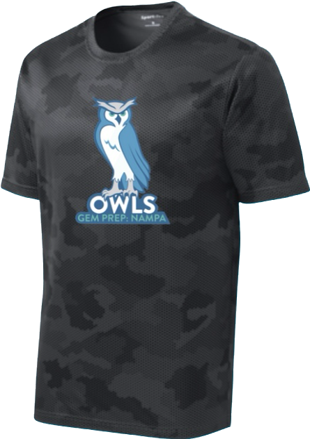 Gem Prep Camo Hex Tee with Owls Logo - Educational Outfitters - Boise Gem Prep Camo Hex Tee with Owls Logo - Educational Outfitters - Boise