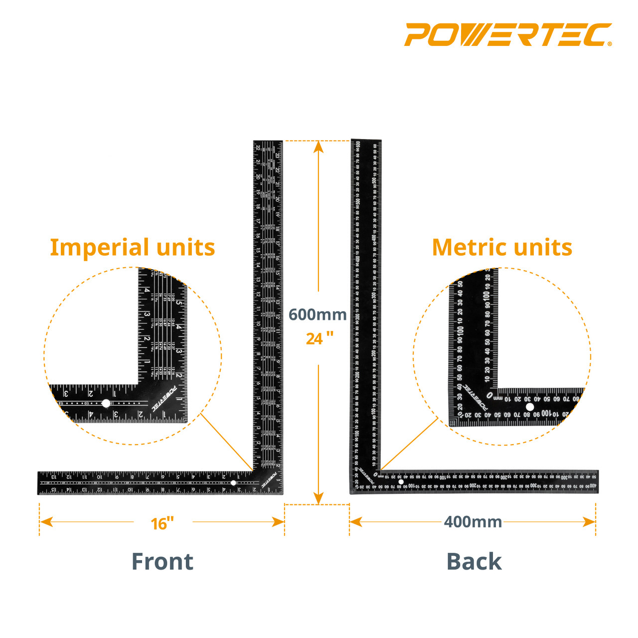 POWERTEC Framing Square, 16 x 24 Inch Steel Carpenter Square