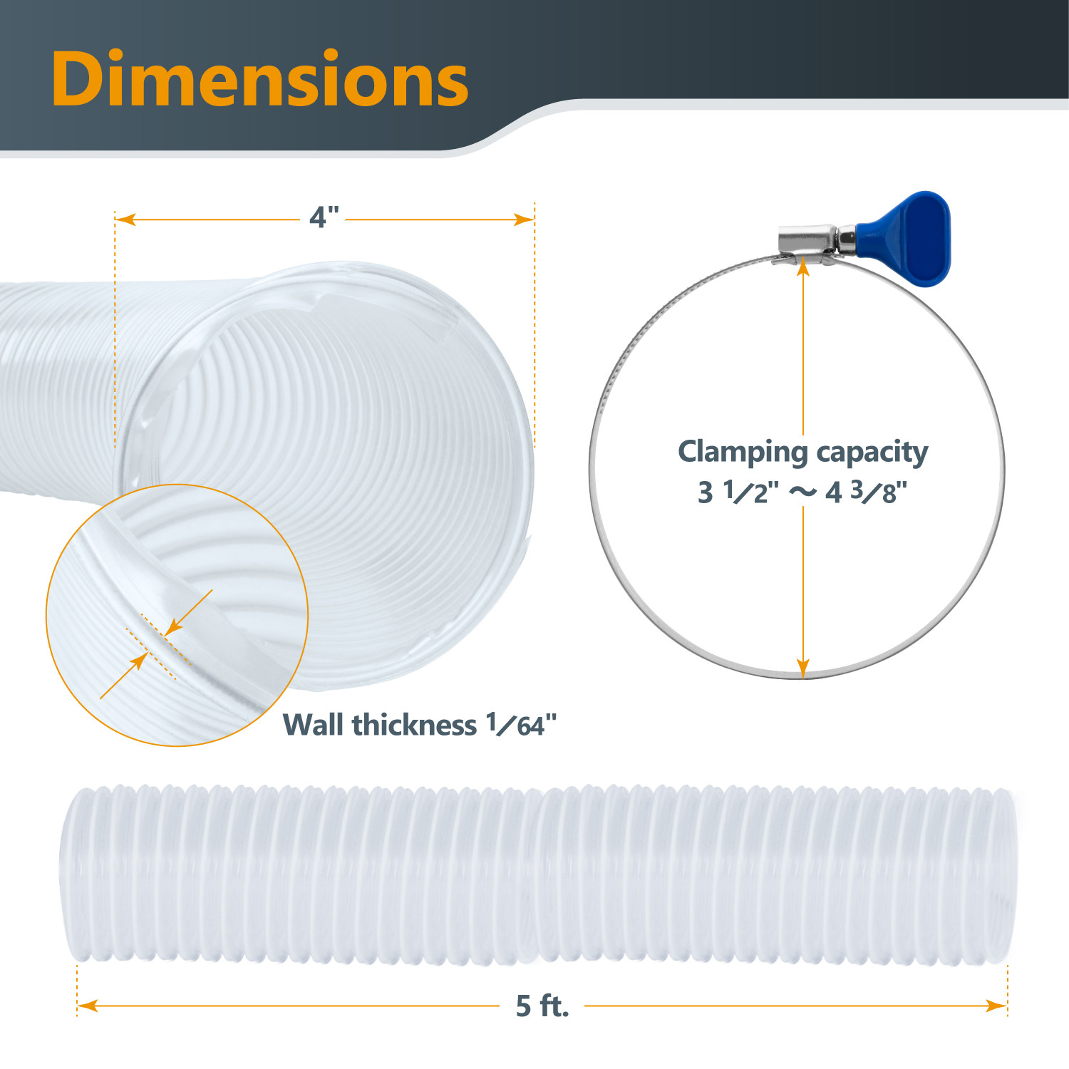 70393 4" x 5' PVC Dust Collection Hose with 2 Stainless Steel Hose ...