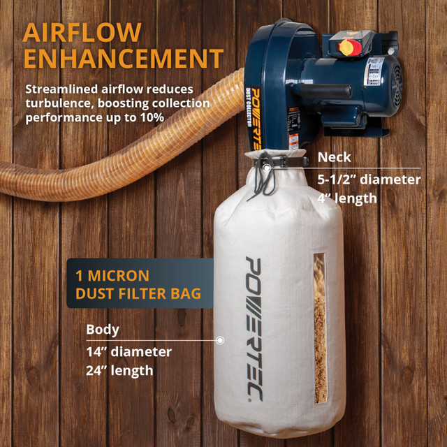 Wall Mounted Dust Collector with 1 Micron Filter Bag - POWERTEC