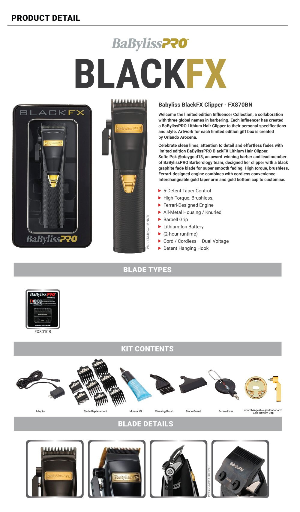 BABYLISS PRO BLACK FX "STAY GOLD" METAL LITHIUM CLIPPER