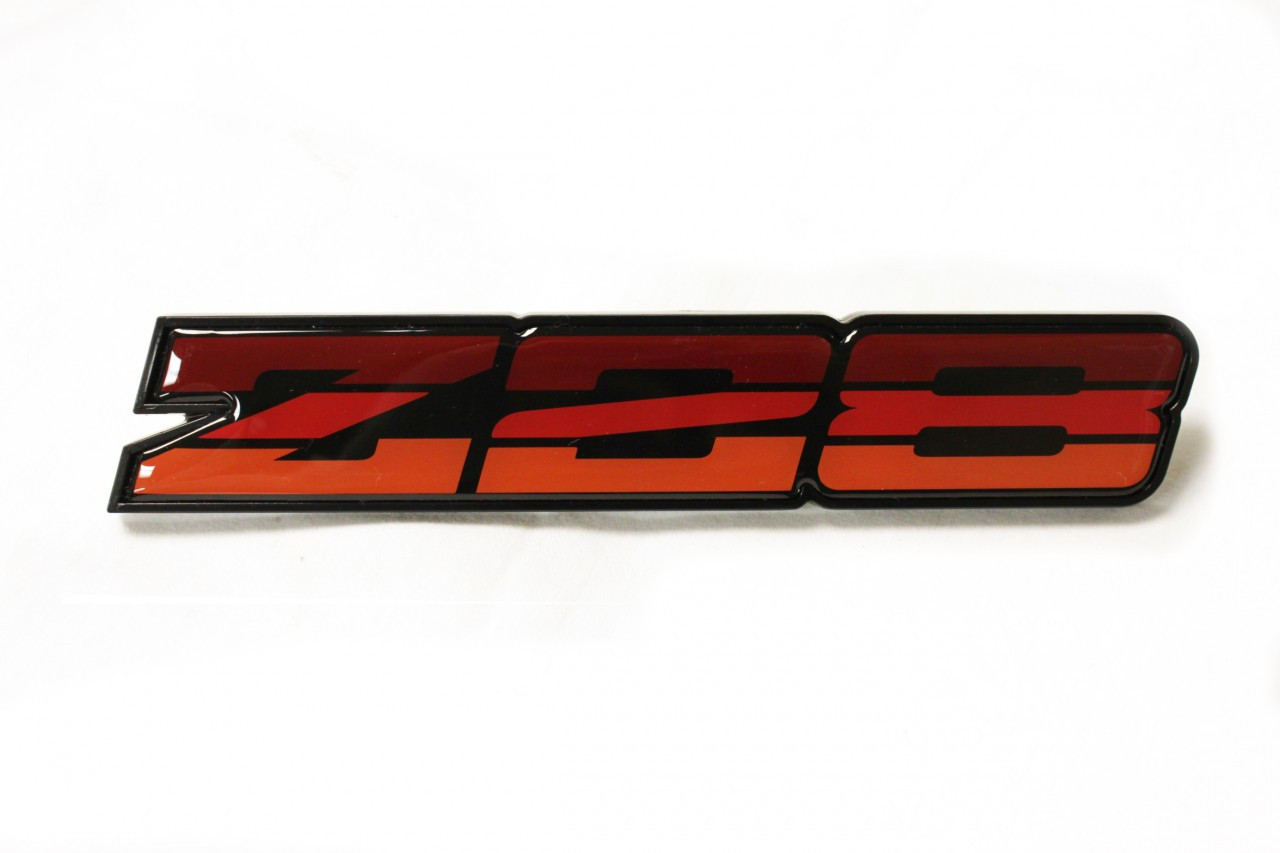91-92 Camaro Z28 Red Rocker Panel Emblem, One Only - Hawks Third Generation