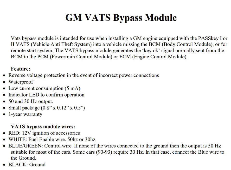 GM VATS PASSkey II Bypass Module 30/50 HZ for LS1 / LT1 / LSX Swap ...