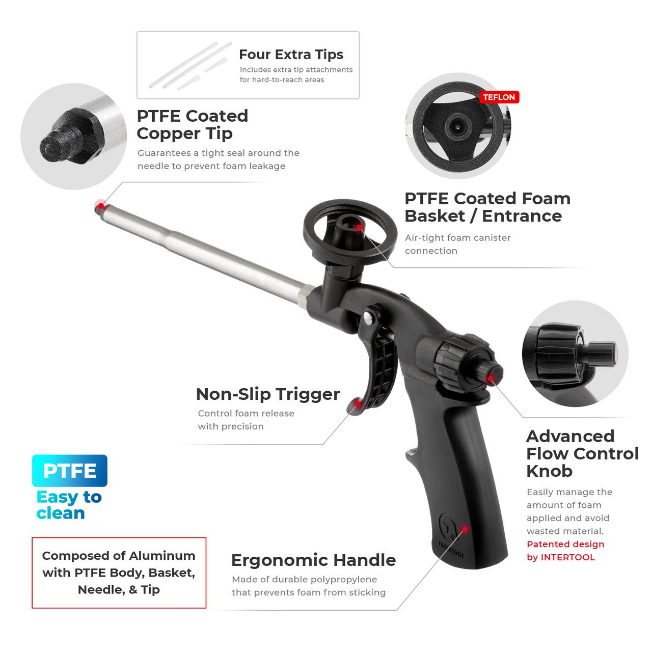 INTERTOOL Super Light Spray Foam Gun, PTFE ("Teflon") Handle - Wind-lock