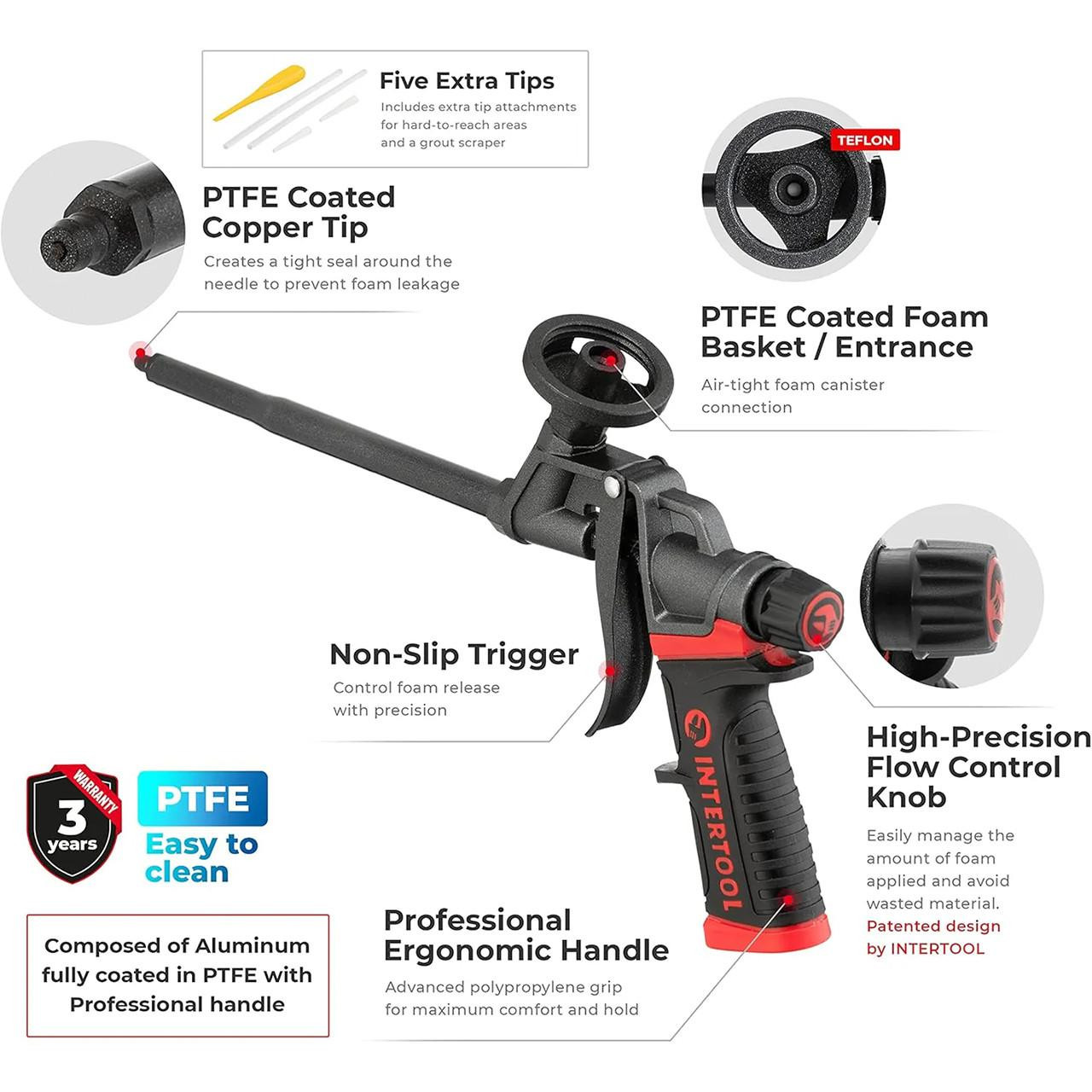 INTERTOOL Spray Foam Gun, PTFE ("Teflon") Handle - Wind-lock