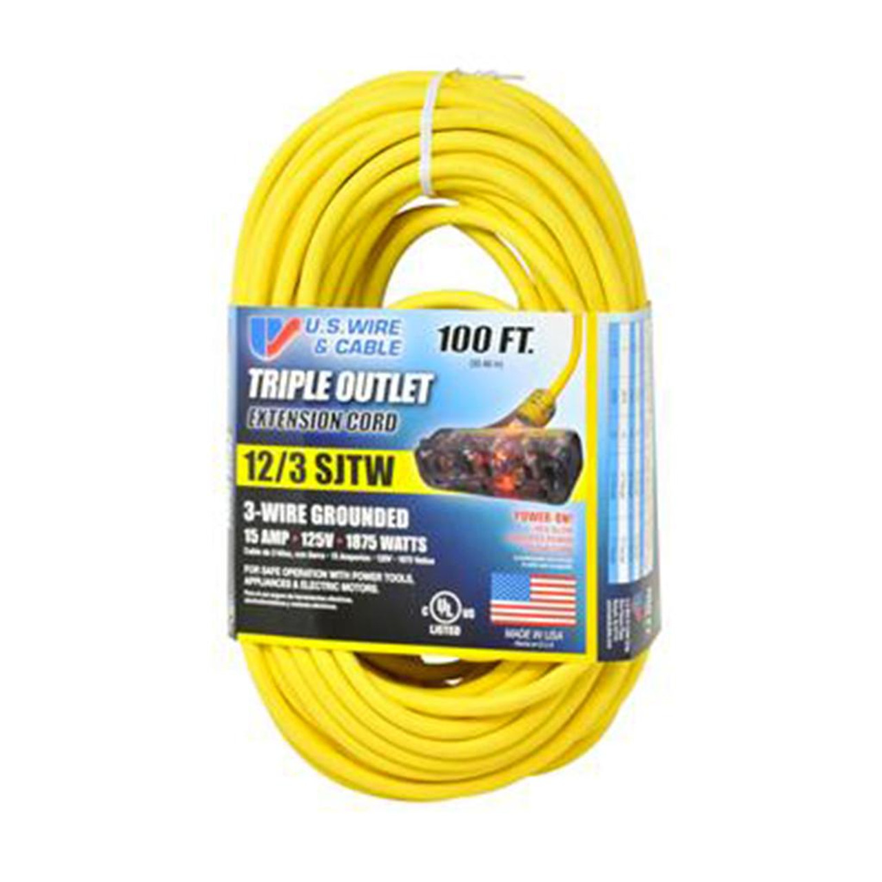 US Wire Cable 100ft 12 3 SJTW Extension Cord W 3 Grounded Outlets us-wire-cable-100ft-12-3-sjtw-extension-cord-w-3-grounded-outlets