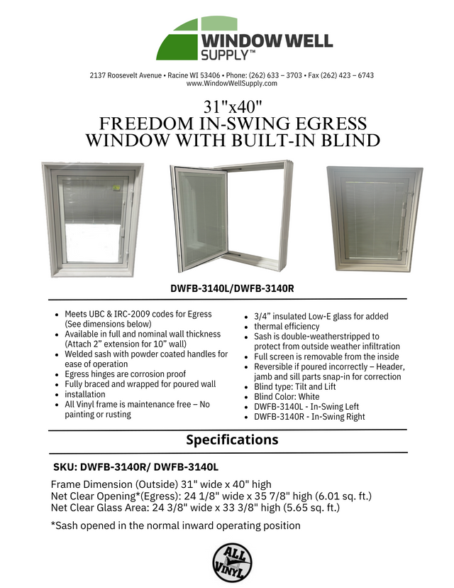 Freedom In-Swing Casement Egress Window with Built-In Blind