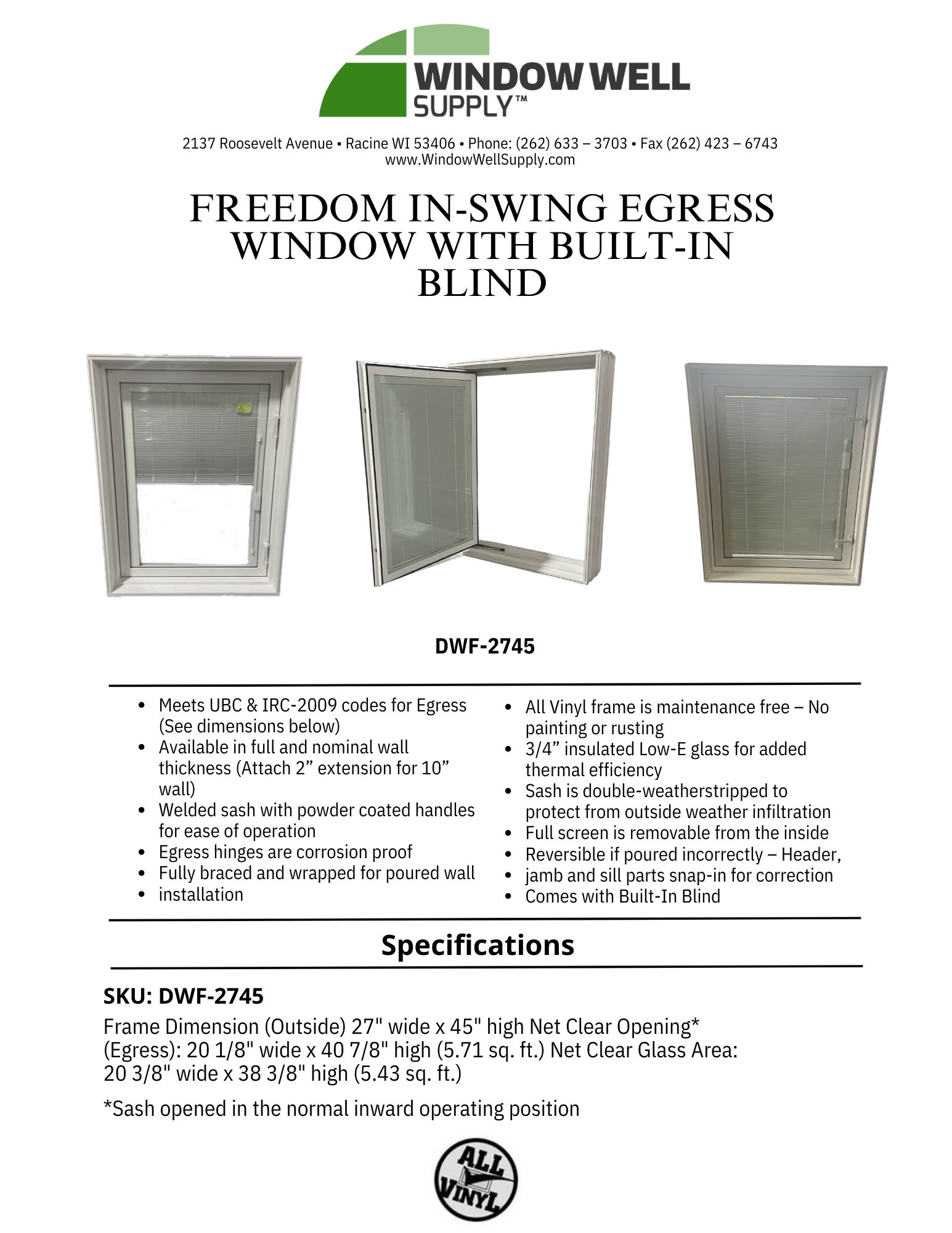 Freedom In-Swing Casement Egress Window With Built-In Blind