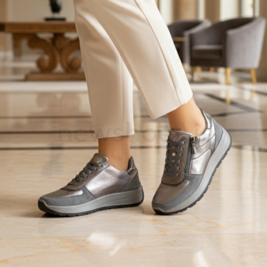 Ara New York 12-25112-11H Grey Metallic Wide Fit Sneaker | Ara Ireland