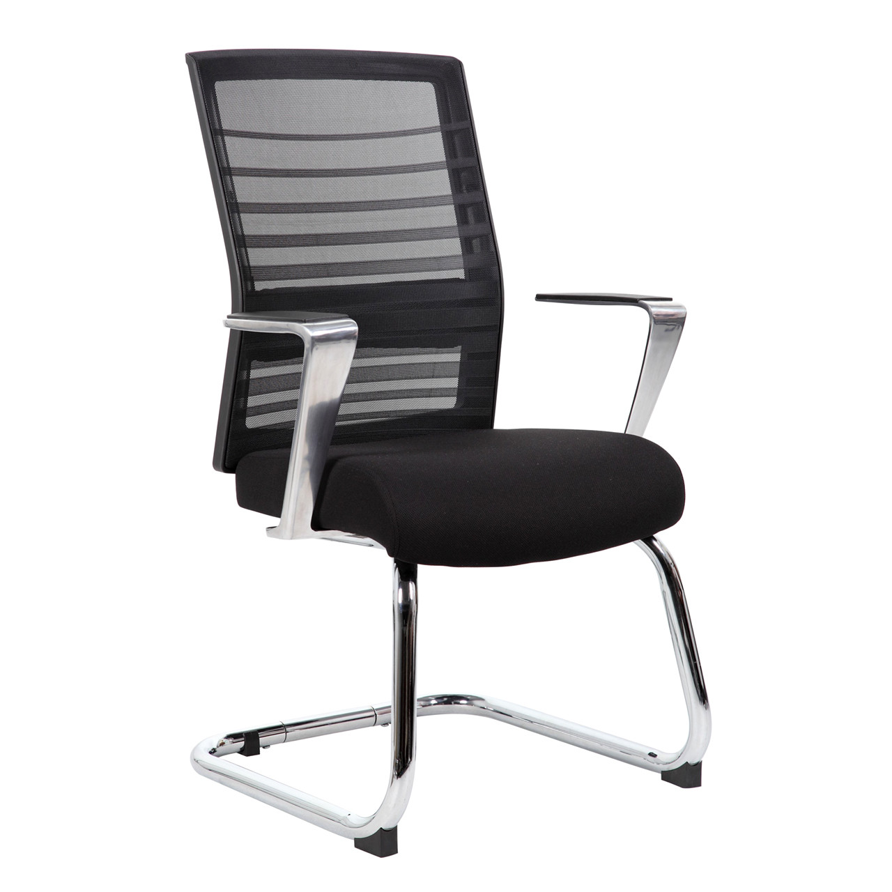 Black Mesh Sled Guest Chair with Polished Aluminum Arms & Base