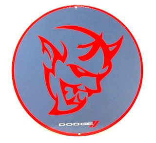 Dodge Demon Gray and Red Round Emblem Metal Sign | Auto Gear Direct