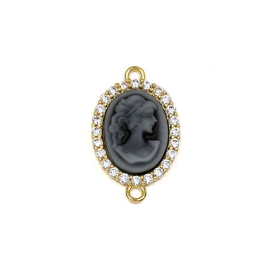 18k Gold Plated Brass Cameo Link - 14x22mm, Black with Crystal Pave, 2 ...