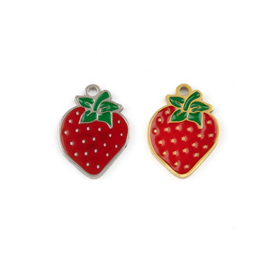 316 Stainless Steel Charm - 11.5x15mm Enameled Red Strawberry, 2 per bag