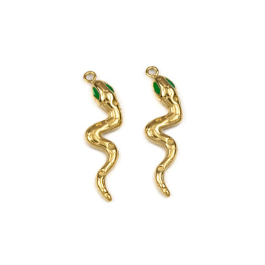 14k Gold Plated 304 Stainless Steel 6x22mm Snake Charms with Green Eyes ...