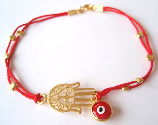 Gold Red String Kabbalah Bracelet with Protection Hand