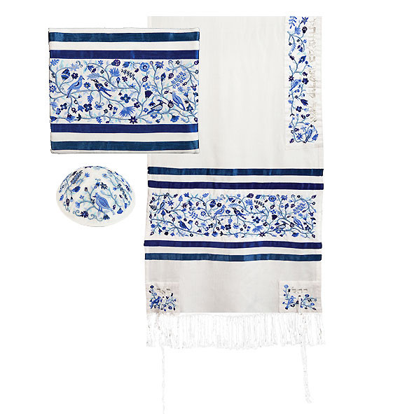 Embroidered Tallit Set with Birds and Flowers - Your Holy Land Store