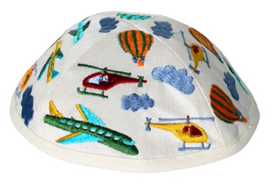 Kids White Kippah with Airplanes and Helicopters - Your Holy Land Store