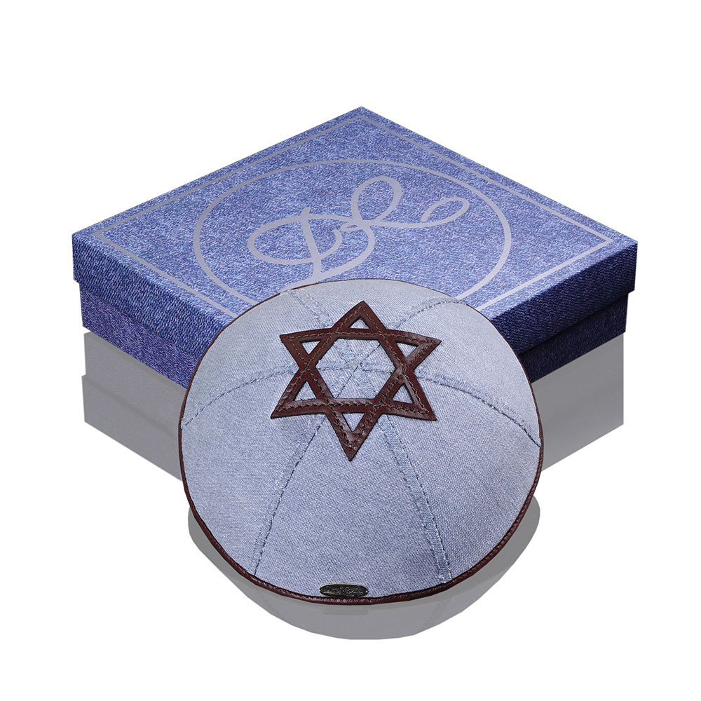 Light Blue Denim & Italian Leather Kippah with Star of David - Your ...