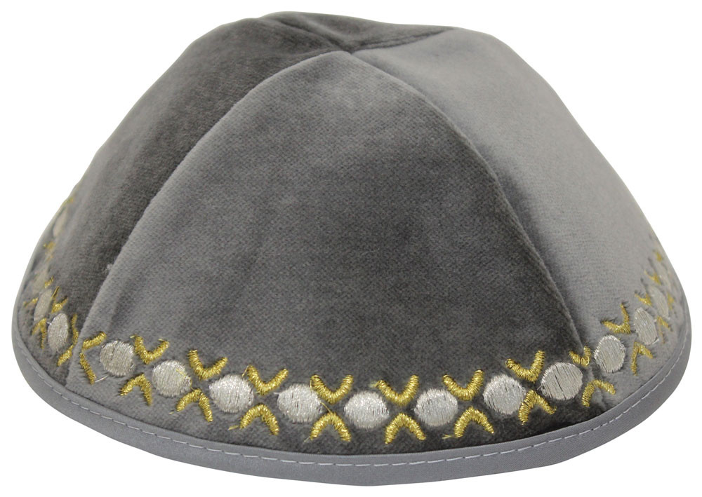 Gray Velvet Kippah with Gold and Silver Embroidery - Your Holy Land Store