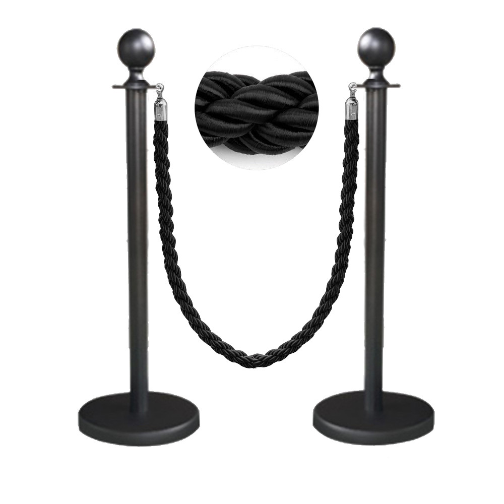 2x Queue Barriers + 1 Ropes Crowd Control Bollards Stands (Black WITH ...